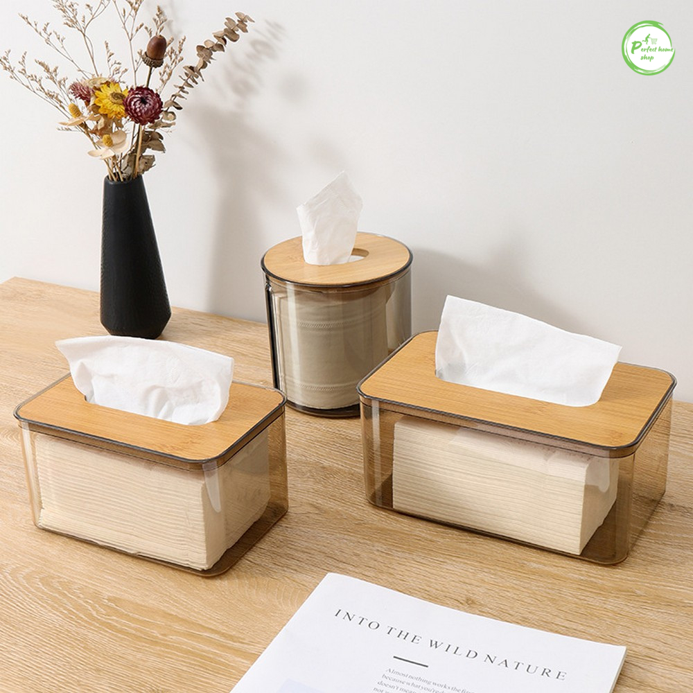 KAYU Aesthetic Transparent Tissue Holder Minimalist Wooden Lid Tissue ...