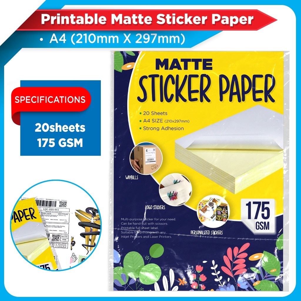 Printed Sticker Paper/Matte A4 Sticker Size 175GSM (20 Sheets) | Shopee ...