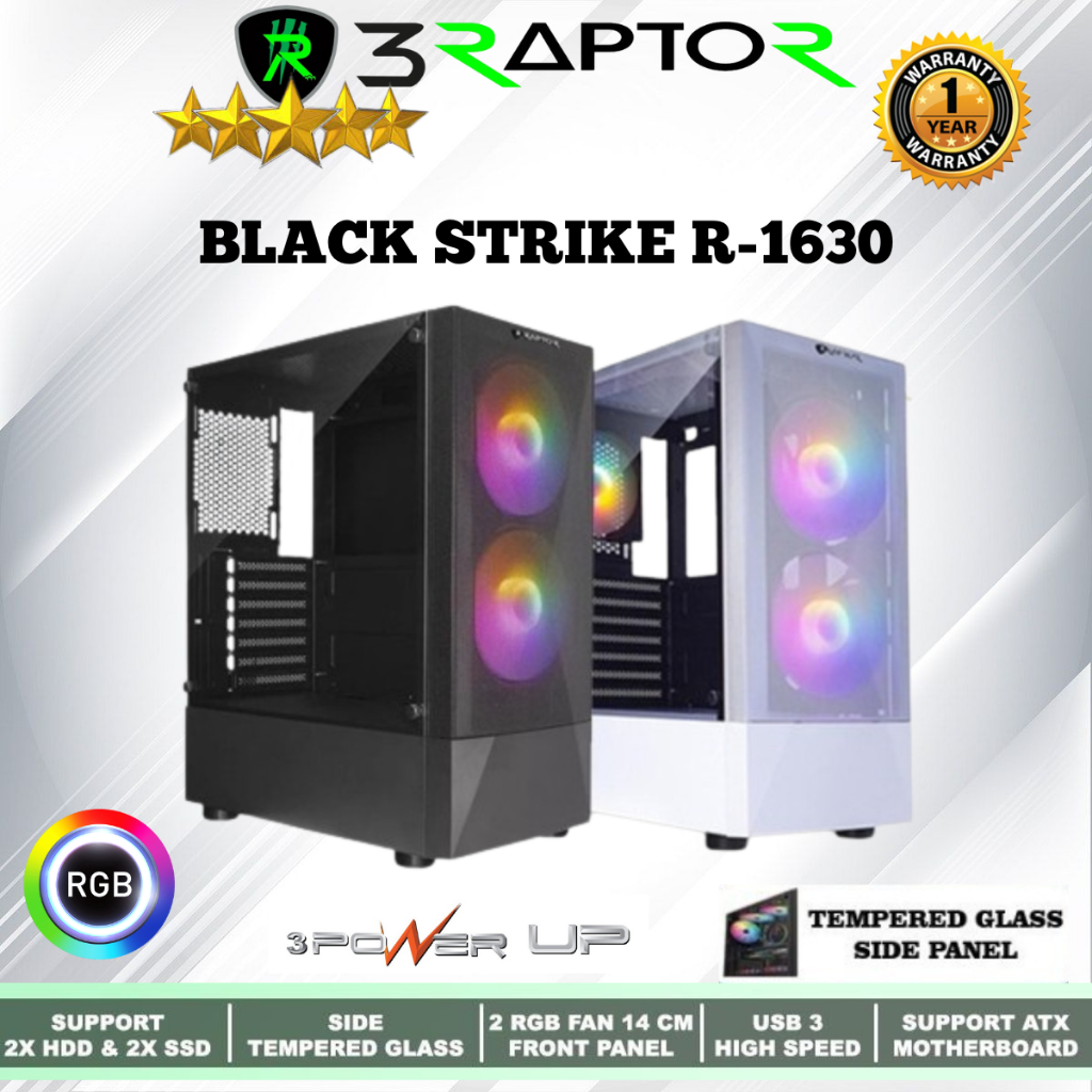 Raptor Gaming Case Black Strike 1630 include 2 FAN RGB Tempered Glass ...