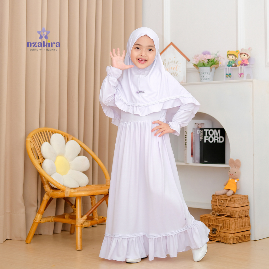PUTIH White GAMIS SAFIYA HIJAB SET 1-10 YEARS PREMIUM JERSEY MATERIAL ...