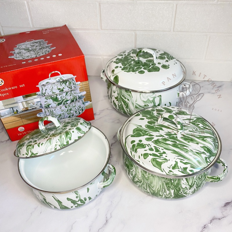 (3 Pcs) Vintage Motif Blirik Enamel Pan Set 16/18/20 cm / Home Pan Set ...