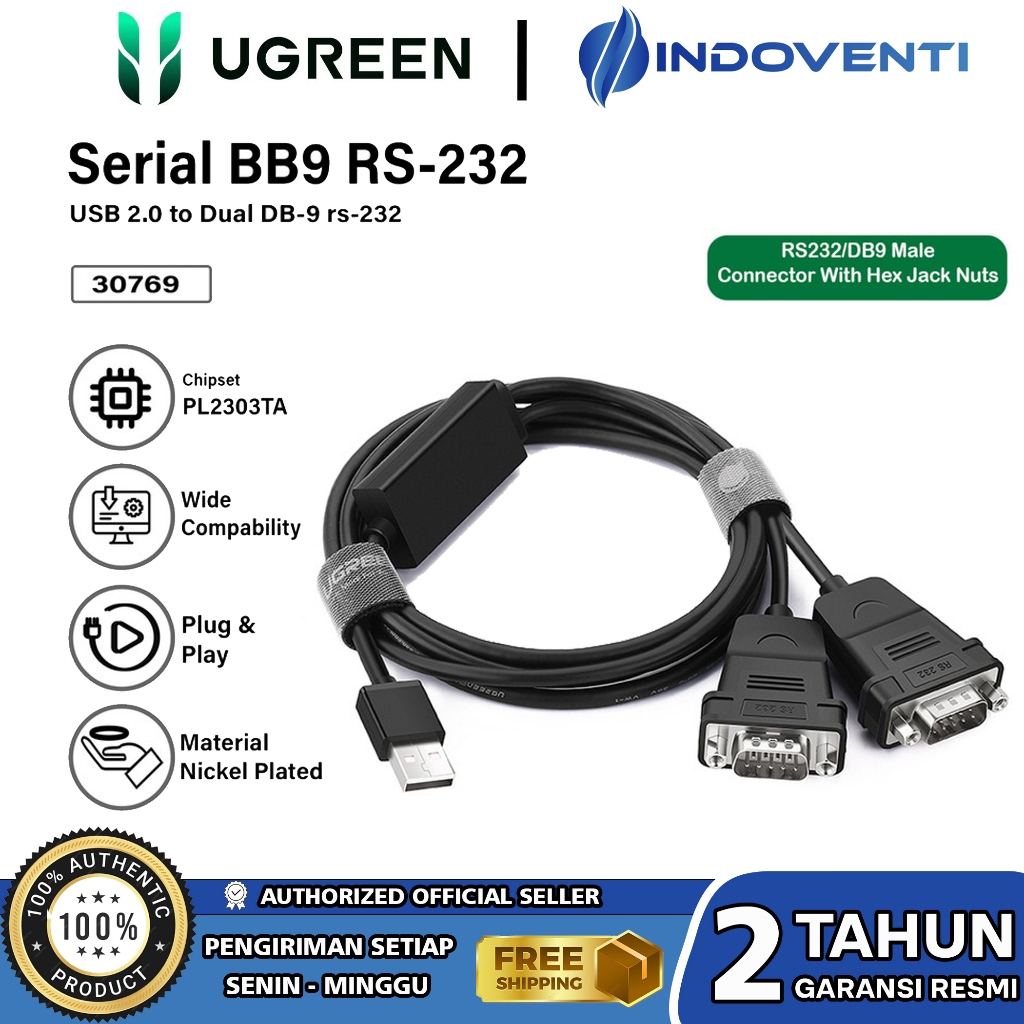 Ugreen USB-A 2.0 To Dual Serial Cable RS232 DB9 Male Premium Quality ...