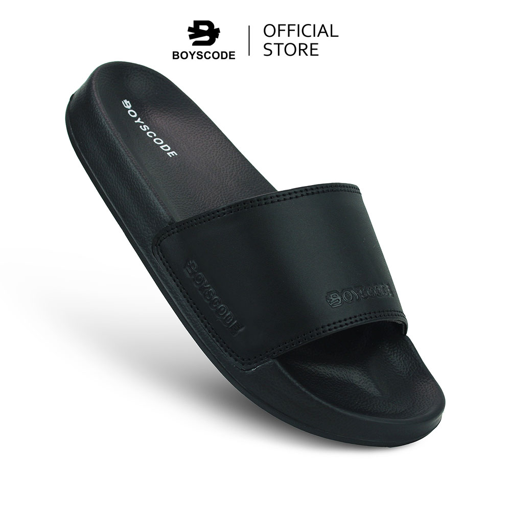 HITAM Boyscode Men's Women's Rubber Slide Sandals Mid Logo Emboss Black ...