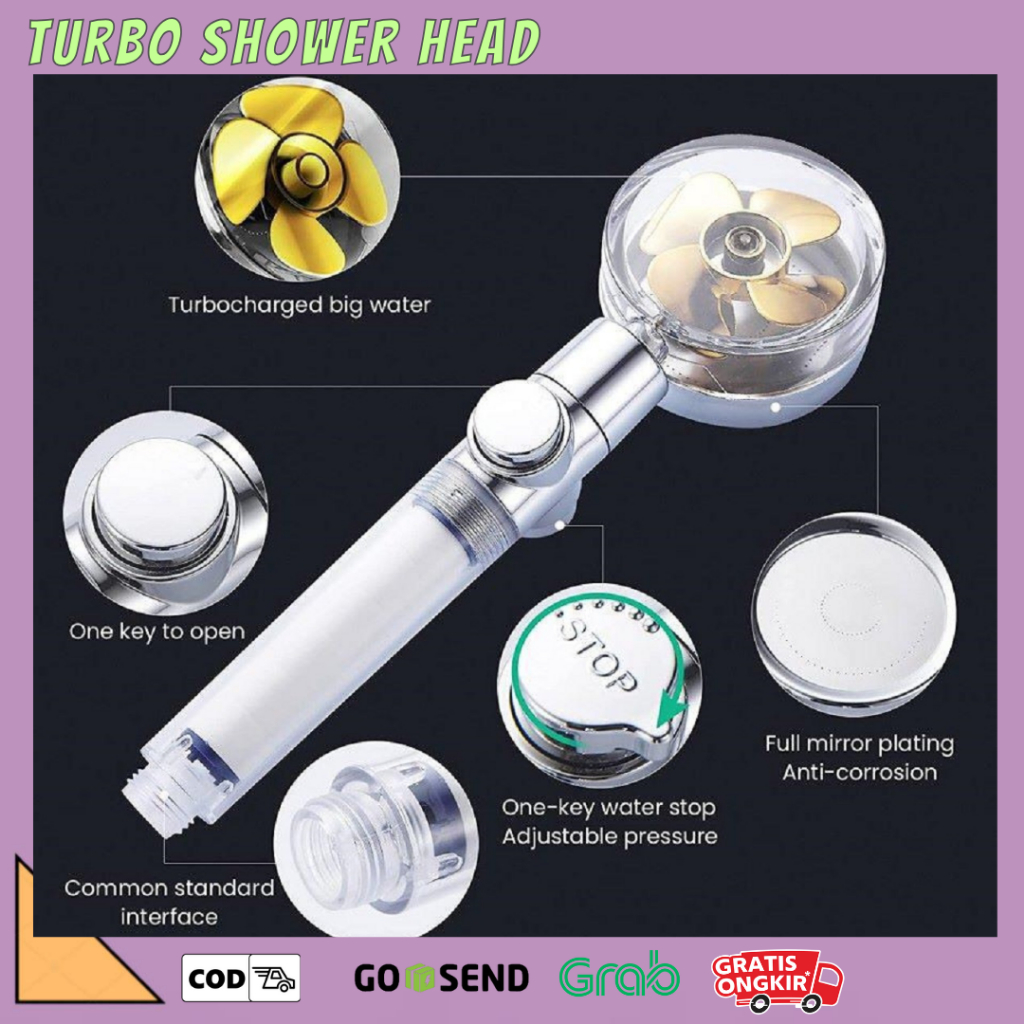 Turbo Fan Shower Head Water Saving High-Pressure Rainfall Propeller ABS ...