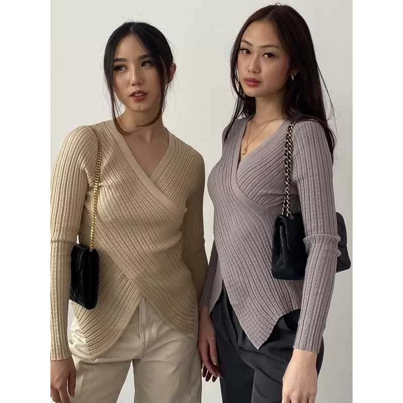 Top Knit V-neck korean style wrap top - Women's long sleeve Knit top ...