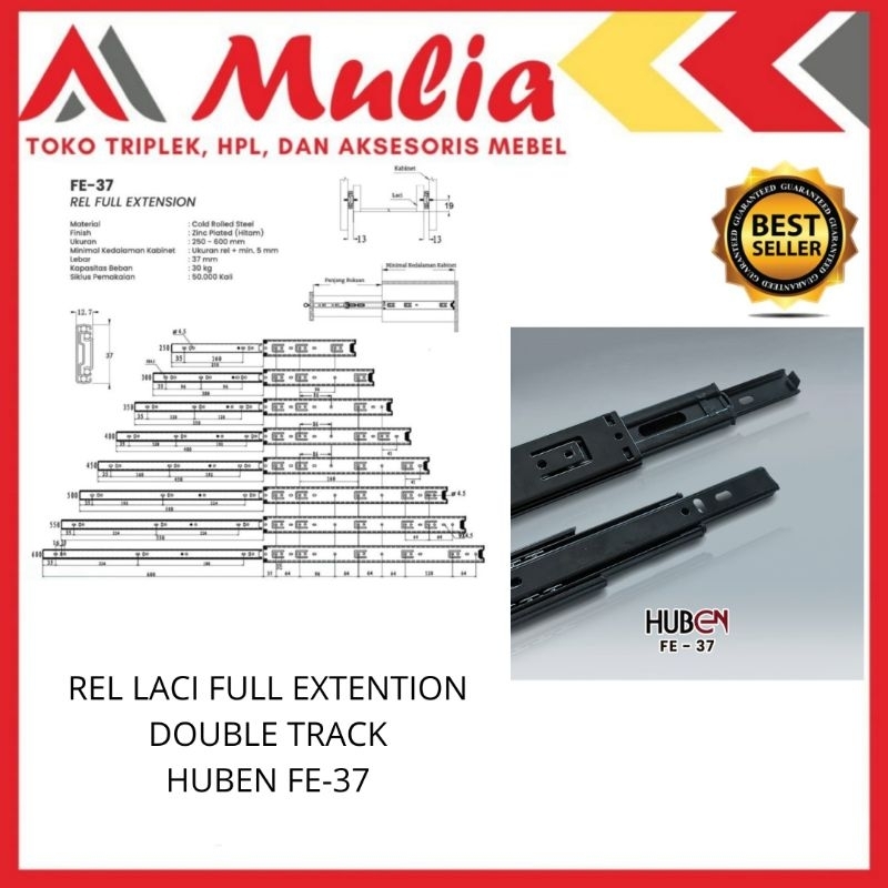 Double Track Drawer Rail 2x Pull Full Extension Huben FE37 (PER SET ...