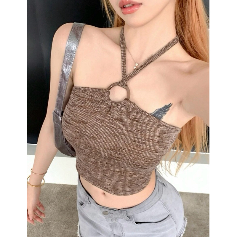 (READY!) Dazy Solid Ring Linked Tie Backless Crop Halter Top | Shopee Malaysia