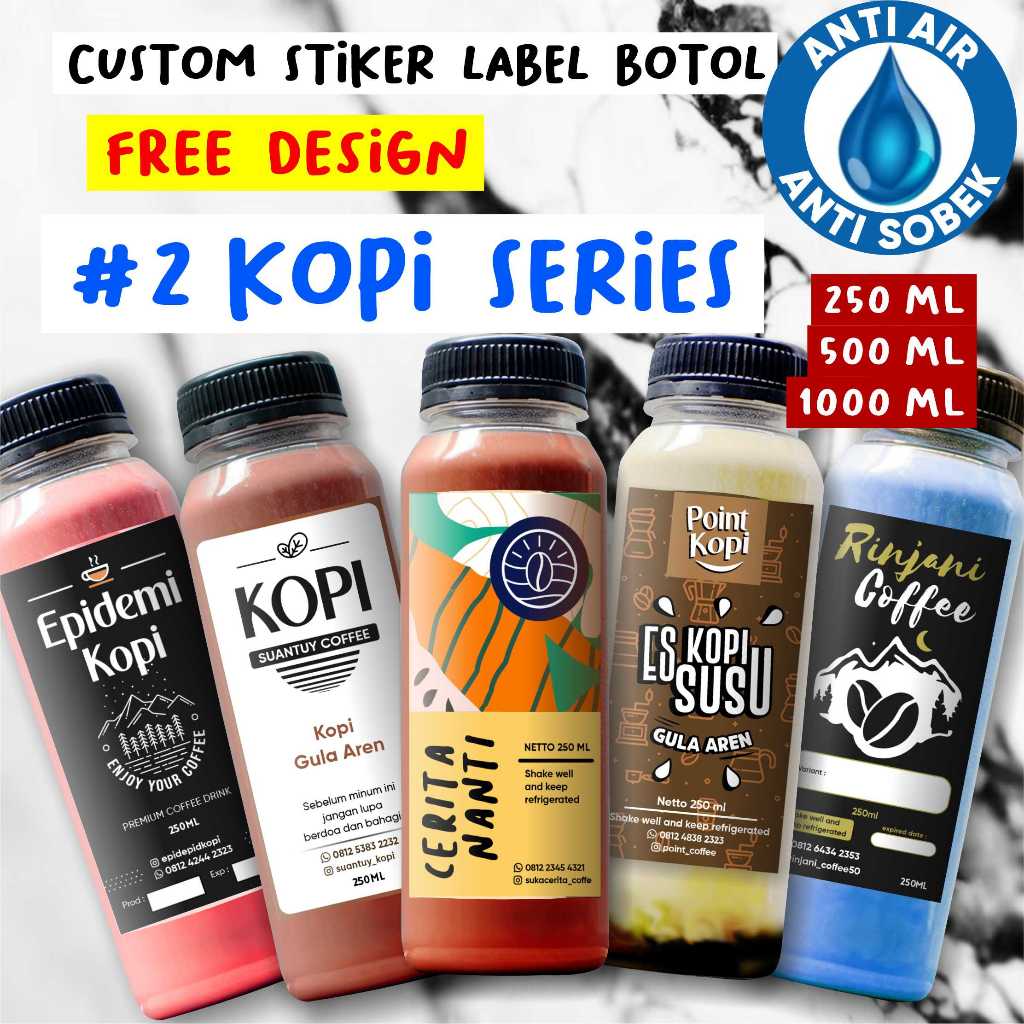 2 coffee Label Stickers Drink Bottle Stickers 250ml, 500ml, 1000ml ...
