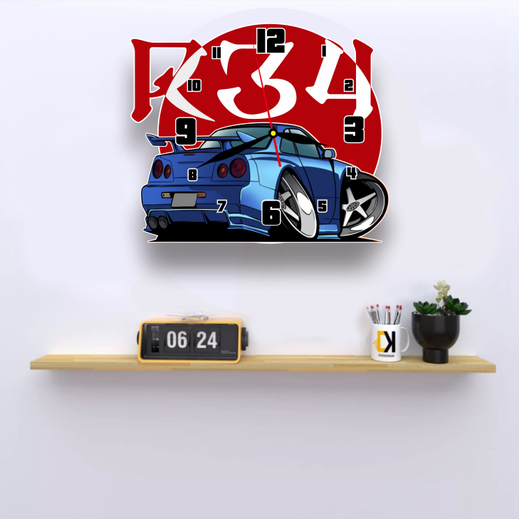 KAYU Triangle Wooden Wall Clock SKYLINE GTR R34 TOON Automotive Clock ...