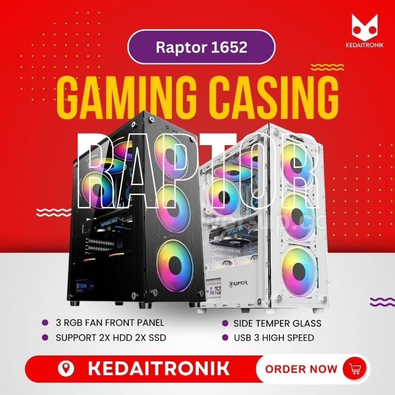 Powerup Raptor 1652 3 Fan RGB ATX Black White Gaming Case | Shopee Malaysia