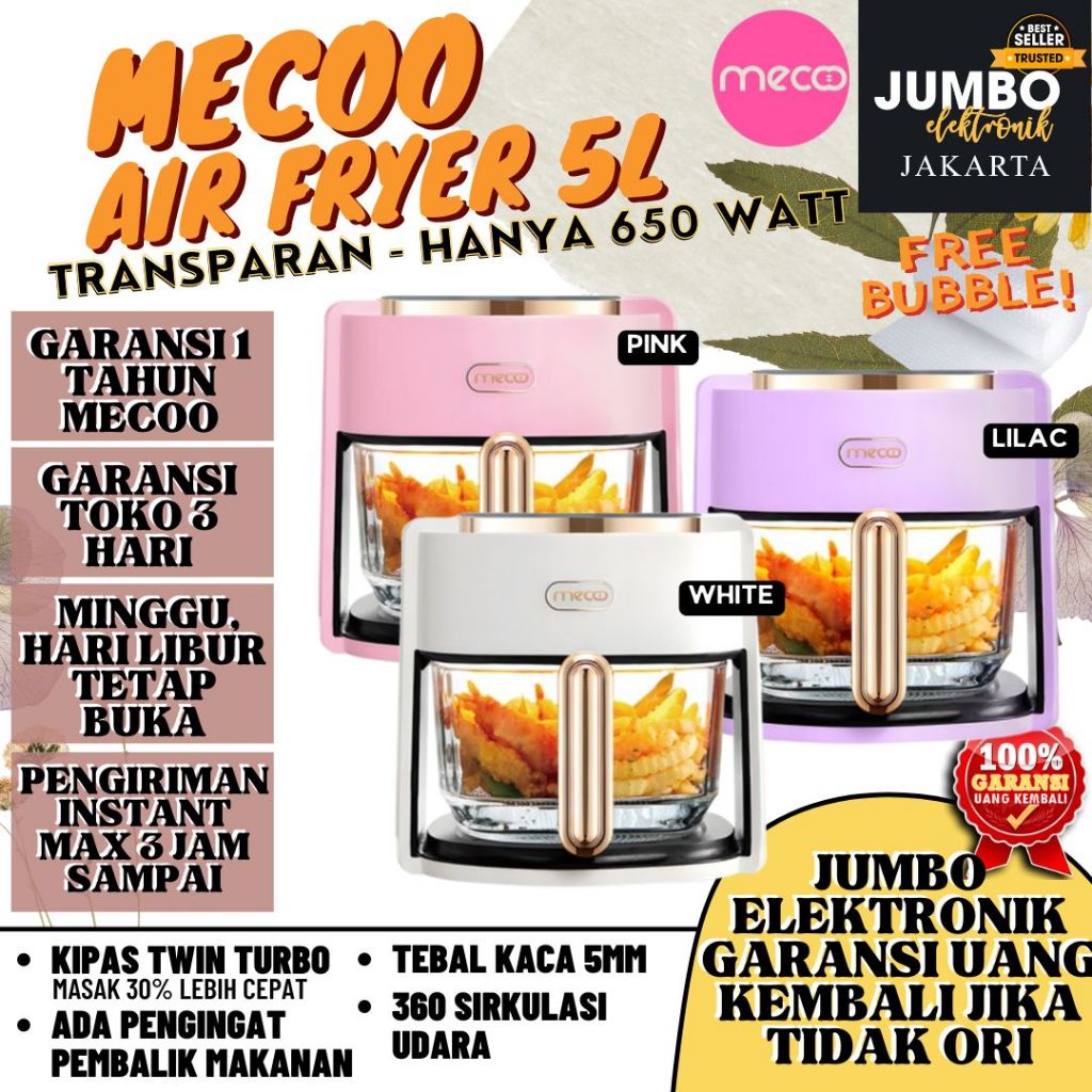 Mecoo Most Aesthetic Transparent Air Fryer 650 Low Watt 5L SNI Save ...