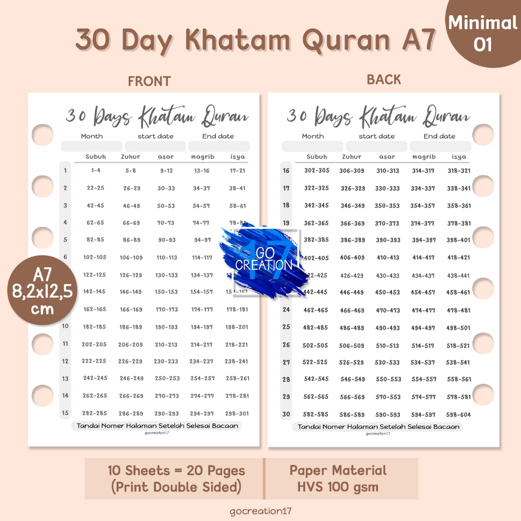 Planner Book Refill Paper Fill Binder 30 Day Khatam Quran Simple ...