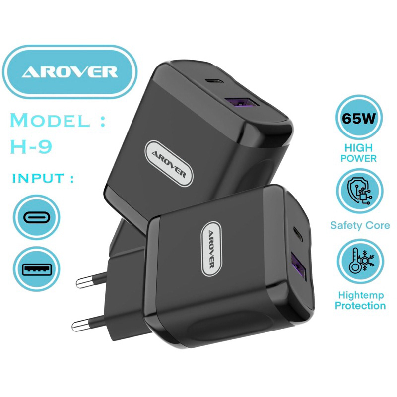 Tc CHARGER HEAD (AROVER H-9) 65W 2IN1 TYPE C AND USB OUTPUT SUPER FASTCHARGING MICRO/TYPEC/I0S ...