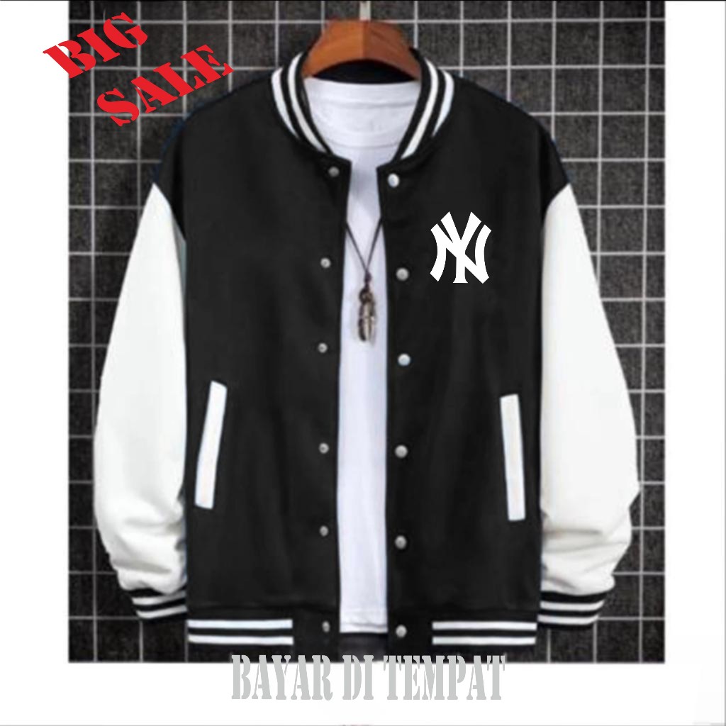 PUTIH Varsity Baseball Jacket Buttons NY Text WHITE LOGO varsity Jacket ...