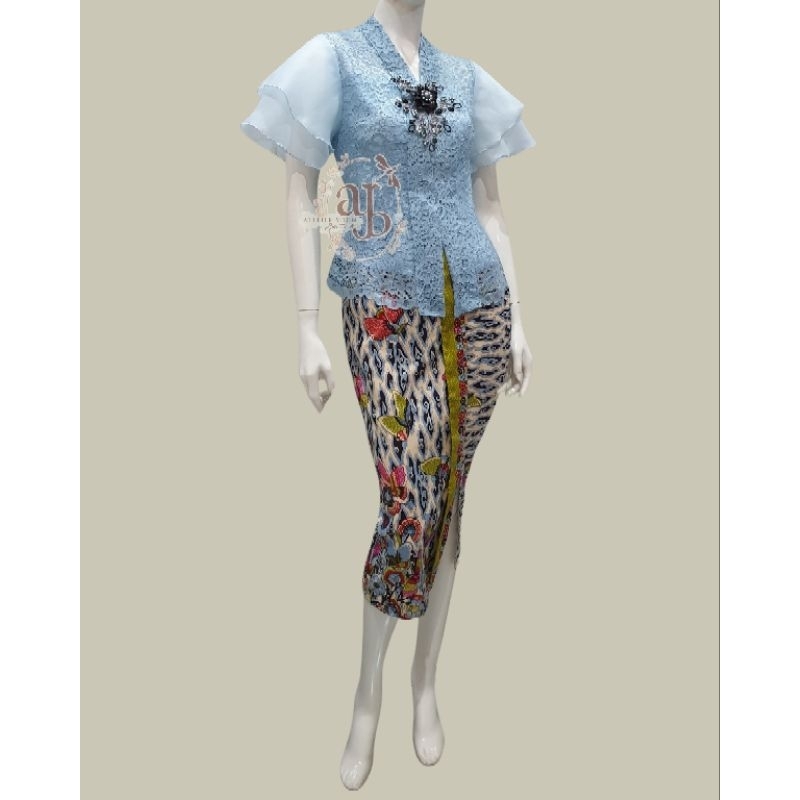 Cloudy light blue kebaya double sleeve organza, BATIK Skirt, And brooch ...