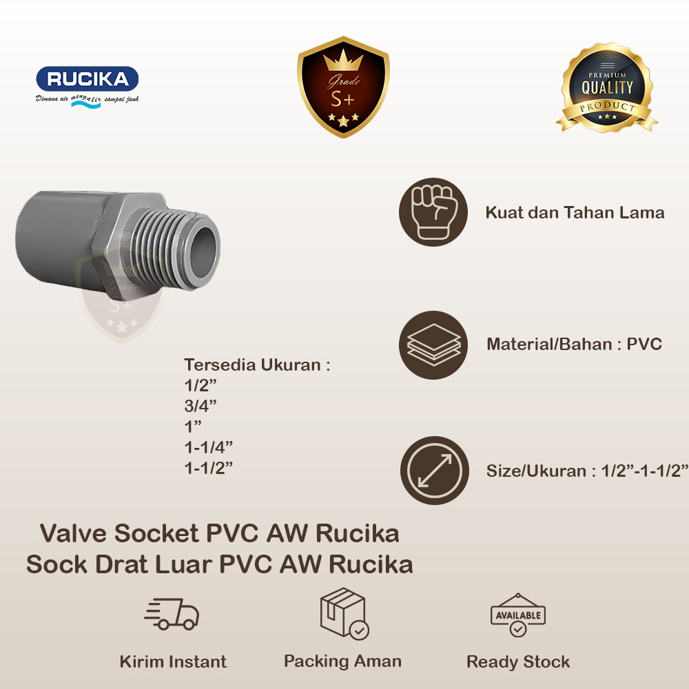Valve Socket 1/2" - 1-1/2" PVC AW Rucika/ Sock Drat Outer 1/2" - 1-1/2 ...