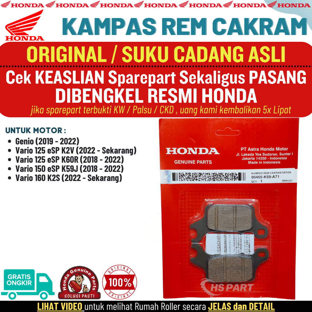 Genio Vario 125 150 160 Front Brake Pads New Ori Original AHM Honda 100 ...