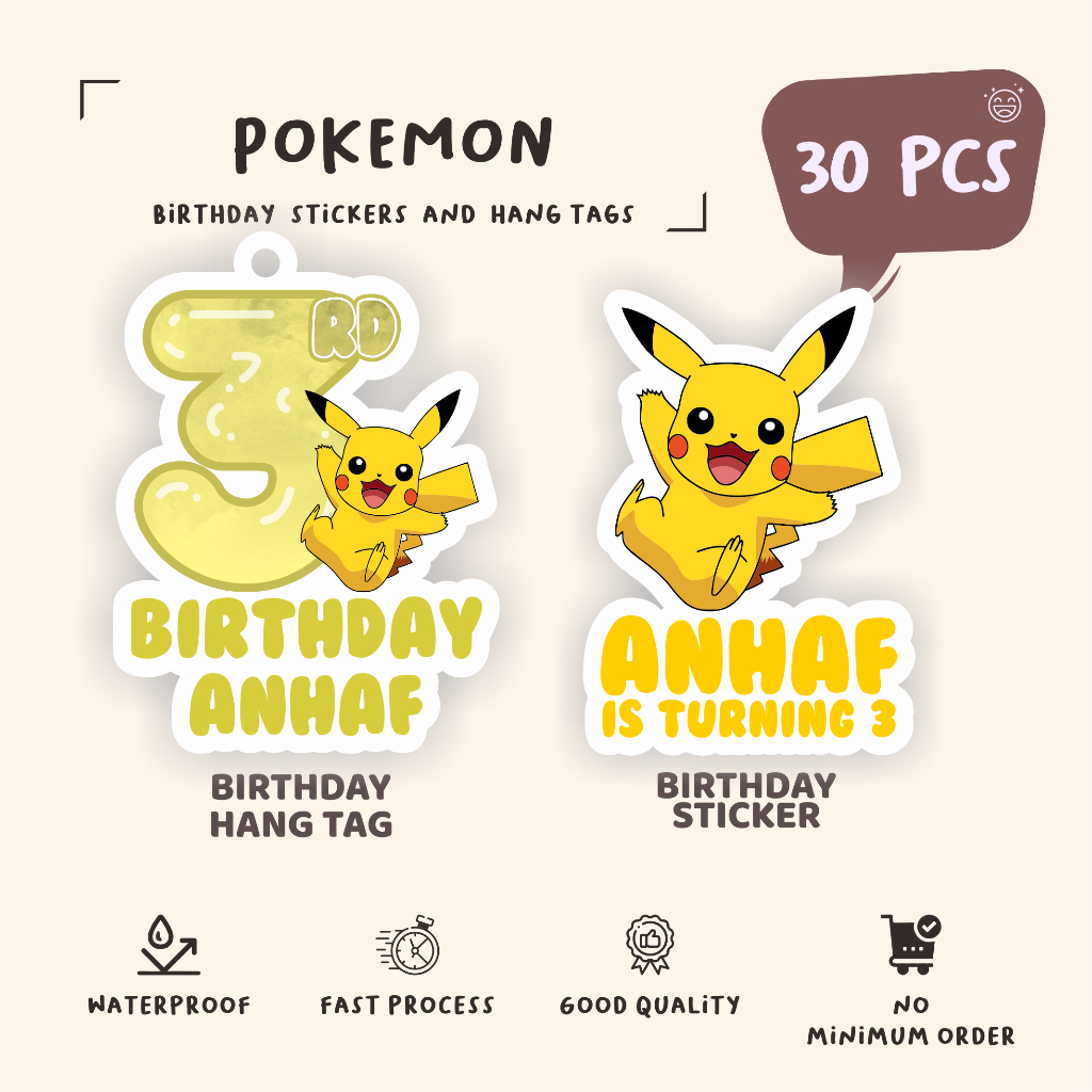 (30pcs) Pokemon hang tag Labels/pikachu Stickers/Cute Print Birthday ...