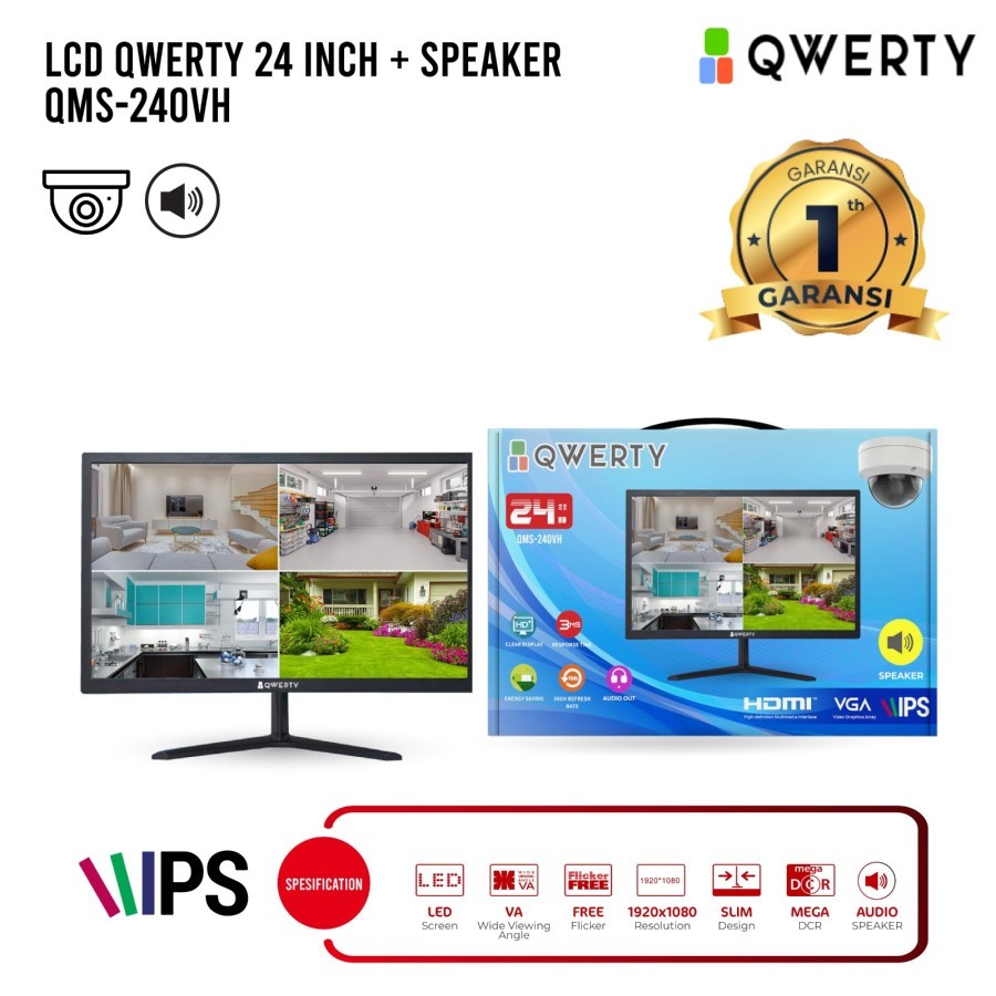 QWERTY MONITOR LED QMS-240VH 24INCH + SPEAKER LCD HDMI VGA 3MS DISPLAY ...
