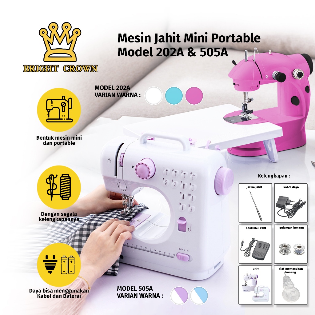 MESIN Bright Crown Portable Mini Sewing Machine 505A 12 Types Of Sewing ...