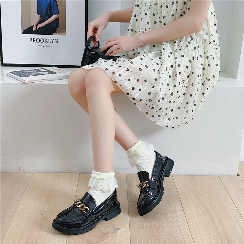 PUTIH HITAM Plain White Cream Black Mushroom Folded Lace Socks Japanase ...