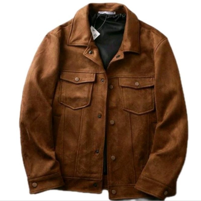 Premium Suede Men's Boxy Trucker Jacket | Shopee Malaysia