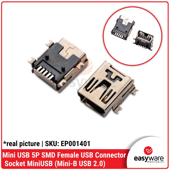 Socket Mini USB Female Jack Port Socket Connector - MiniUSB SMT 5 Pin ...