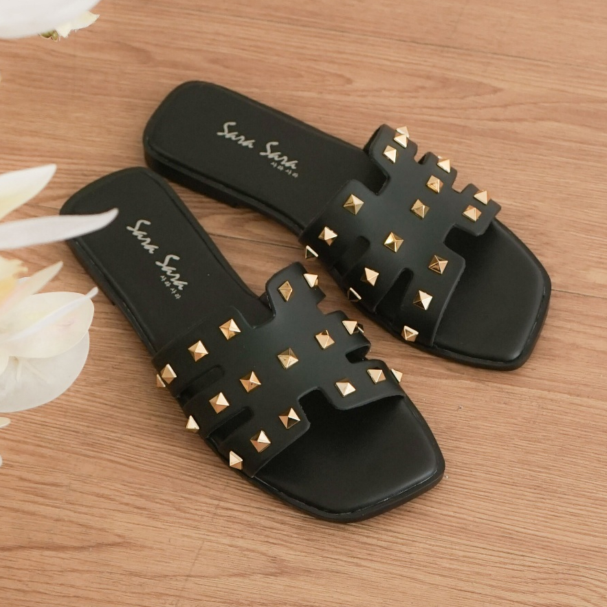 HITAM Sara SARA STORE - PYRAMID BLACK Flat Sandals | Modern Black ...