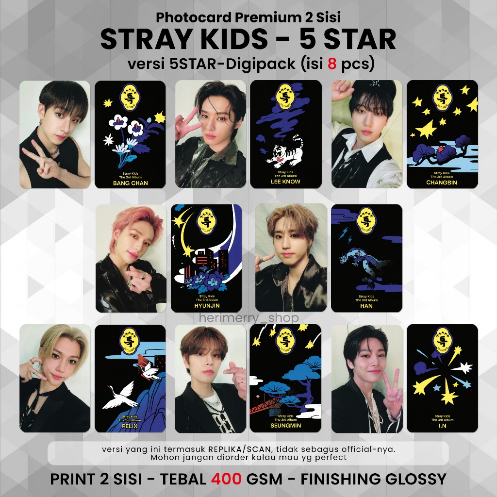 (CONTAINS 8 PCS) Photocard Stray Kids 5 STAR - PC 2 SIDES SKZ S Class KPOP Premium Photocard ...