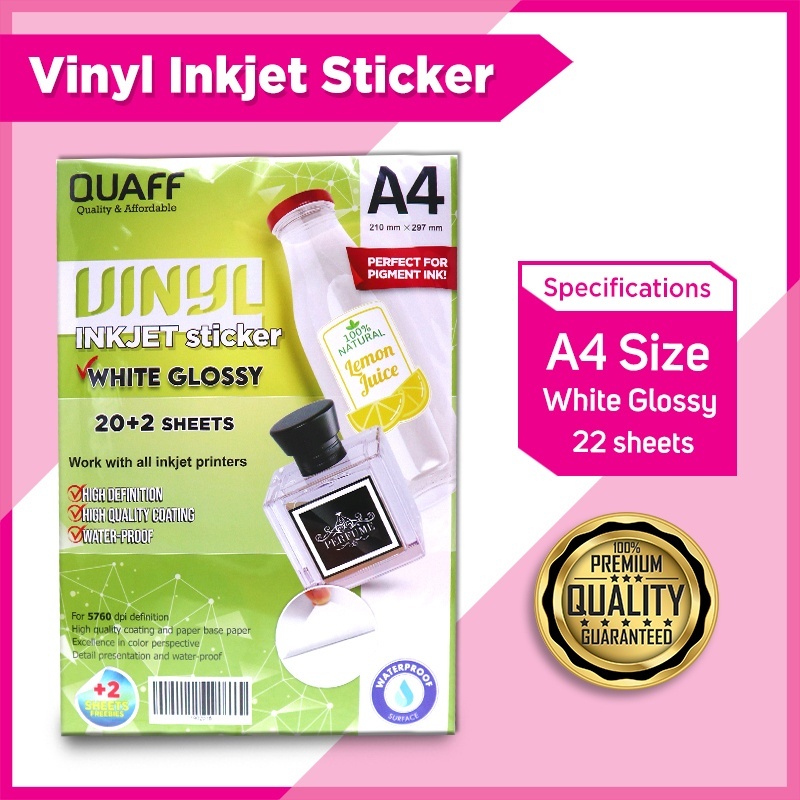 Quaff Waterproof Inkjet Vinyl Sticker Paper A4 White glossy (22 Sheets ...