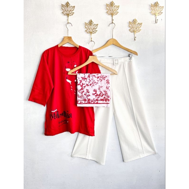 MERAH PUTIH Jumbo Oversize Red And White T-Shirt Set Combed Culottes ...