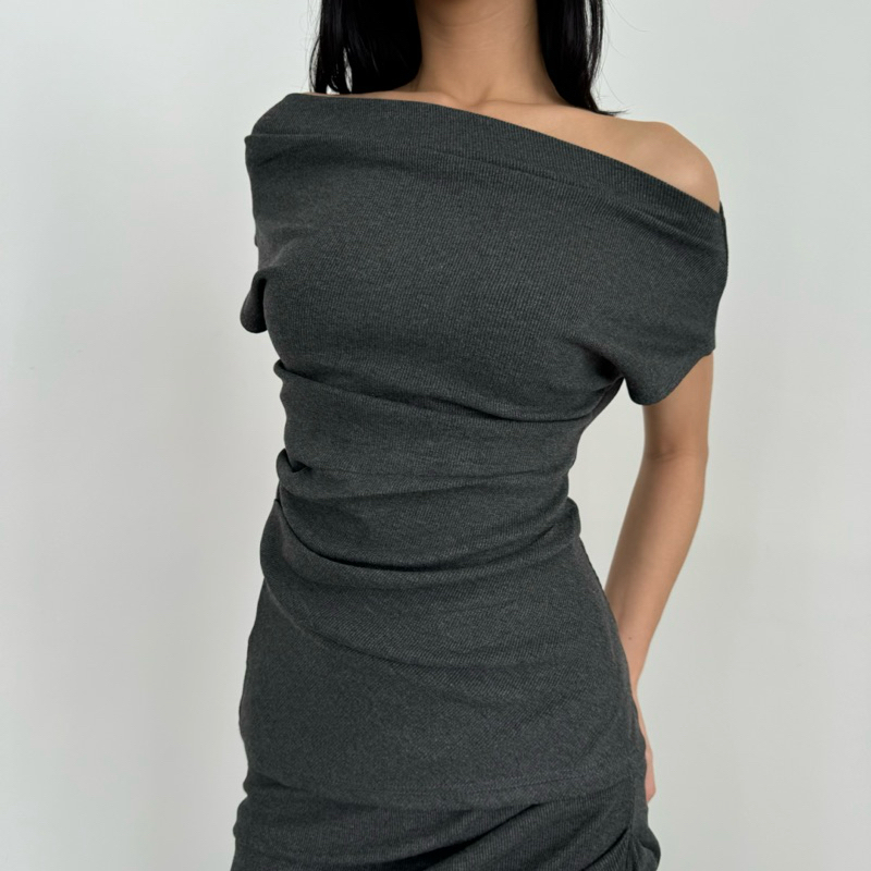 UMA TOP | Women's Off Shoulder Knit Top Short Sleeve Ruched Pleated ...