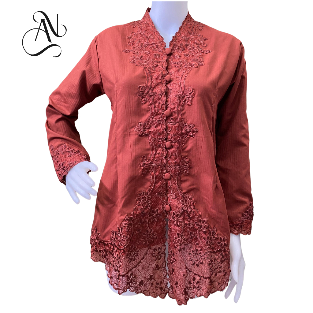 MERAH Modern Red Brick Brocade Kebaya Matching Plain Flower Kebaya ...