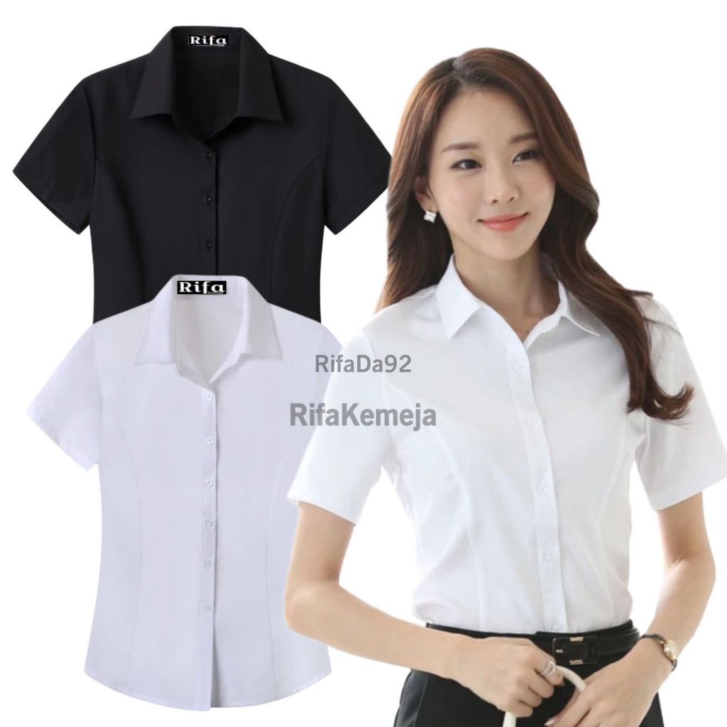 HITAM KEMEJA PUTIH Women's Plain Shirt Short Sleeve White Black Formal ...
