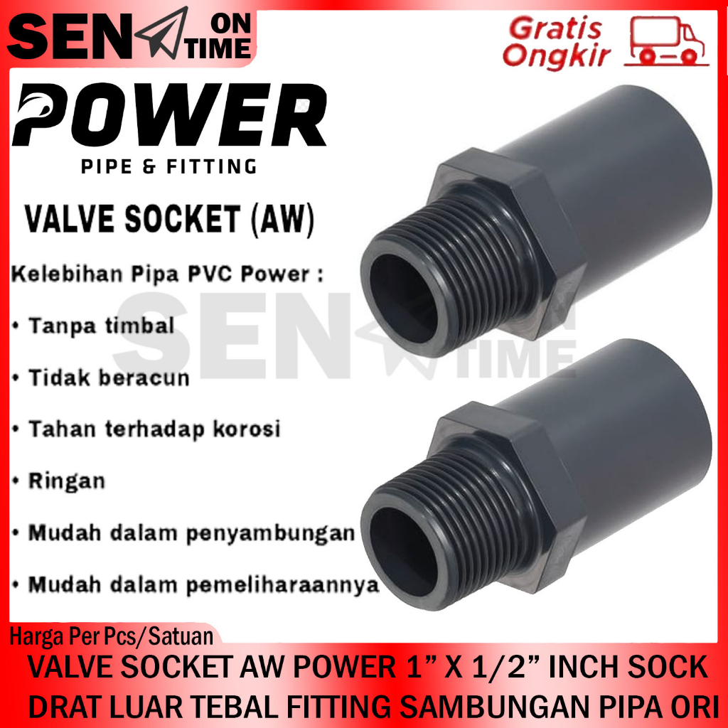 Valve SOCKET AW POWER 1"x1/2" Inch SOK SOCK DRAT Outdoor Thick PVC PIPE ...