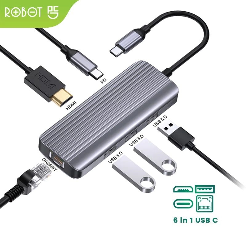 Robot HT560 6- IN - 1 USB C HUB ADAPTER With RJ45 1000mbps HDMI 4K PD ...