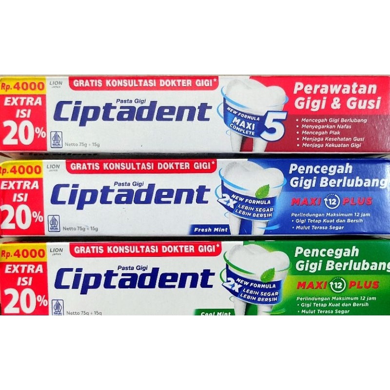 Ciptadent Toothpaste 75+15 GR MAXI PLUS COMPLETE FRESH MINT COOL Oral ...