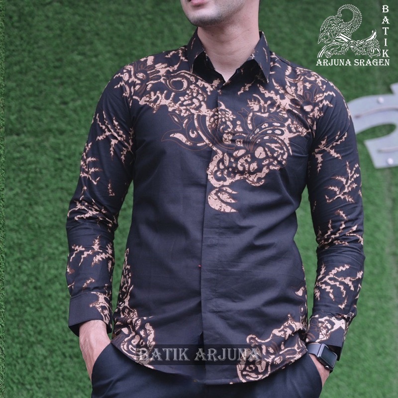 HITAM KEMEJA Men's batik Shirts Long Sleeve Tops modern slim fit Casual ...