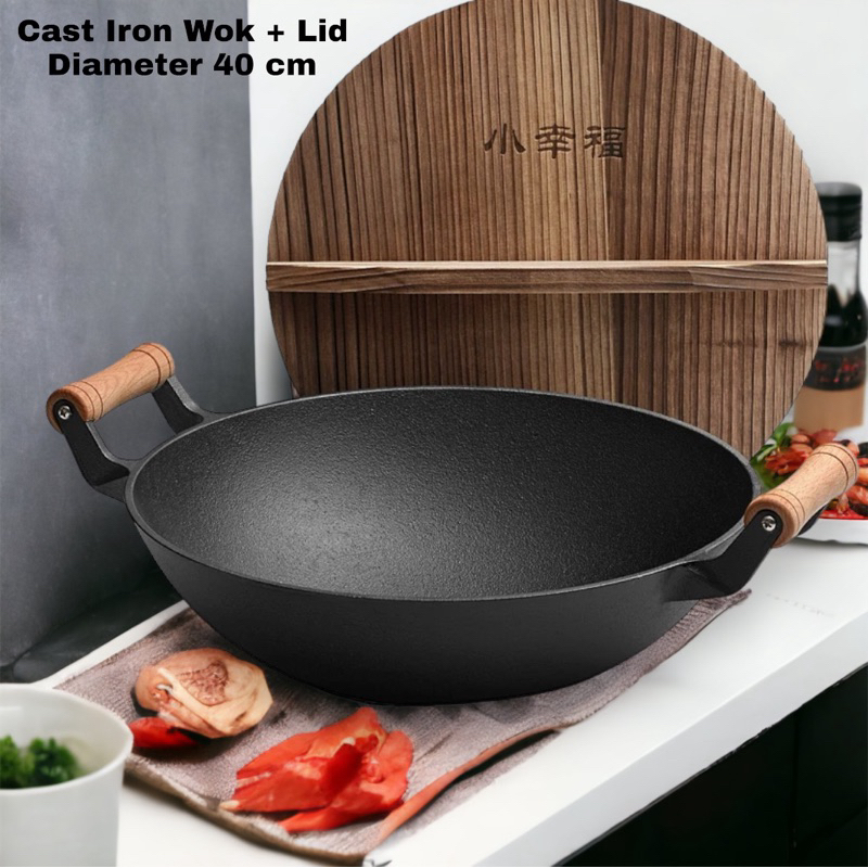 KAYU Wooden Handle cast iron Pan Pan+Lid 40cmpan wok stir frying fry ...