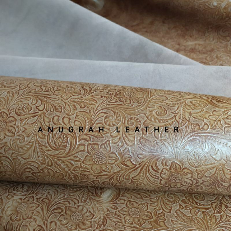 Genuine Cowhide Leather Embossed Sheet with Brown Floral Batik Motif ...