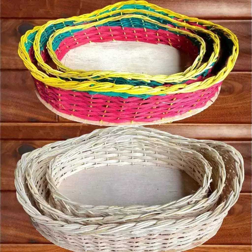 !! Wave Motif Woven Rattan Parcel Basket 1Set 3Pcs Natural Non-stem ...