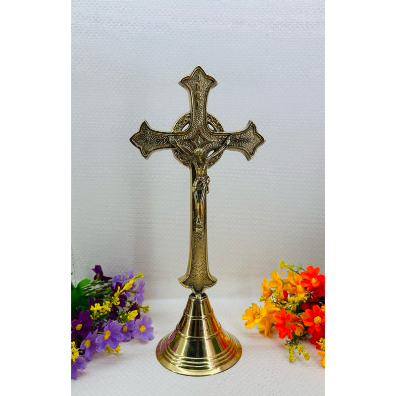 Various brass Catholic sitting crosses, iron cross display, spiritual ...