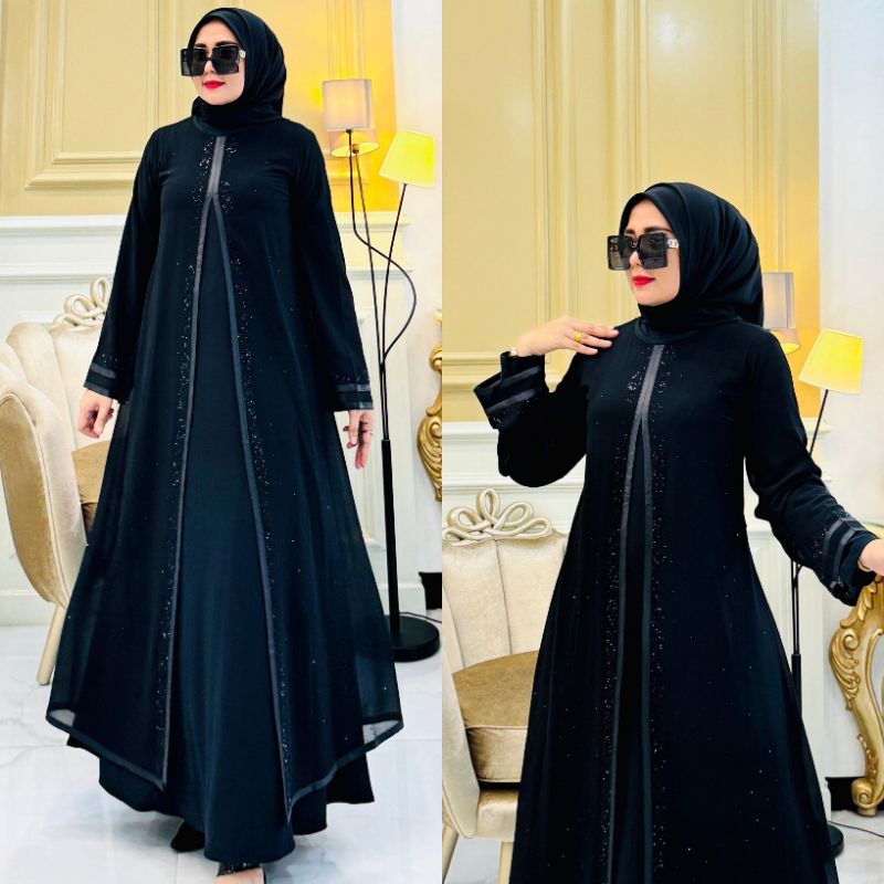 HITAM Gamis ABAYA TURKEY Open Door FULL Black LAYER DUBAI ARAB Sequin ...