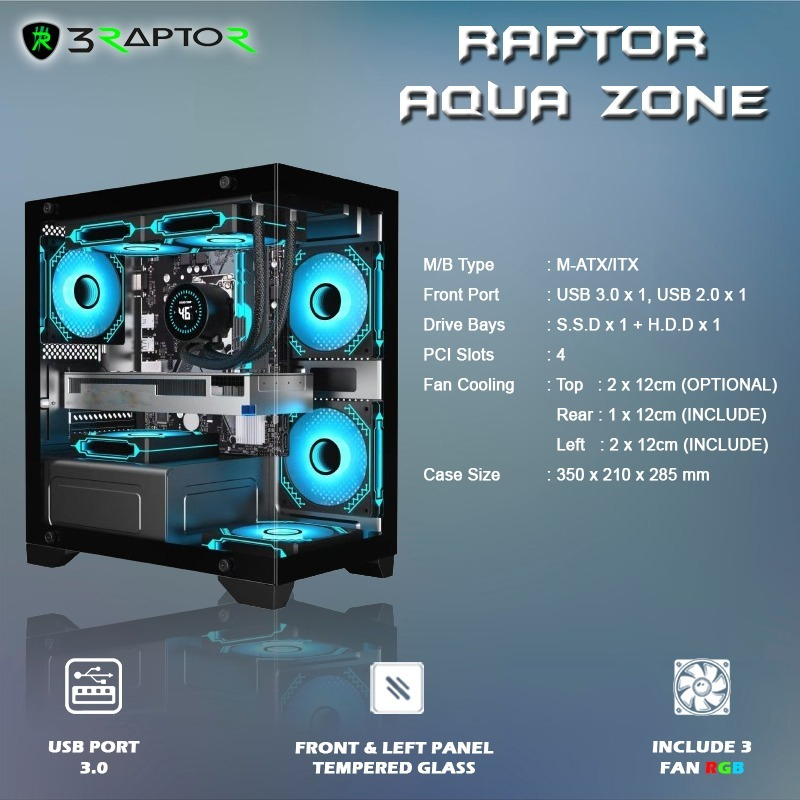 Gaming/PC/Office Case RAPTOR AQUA ZONE M-ATX/ITX + USB 3.0 - Free 3 Fan ...
