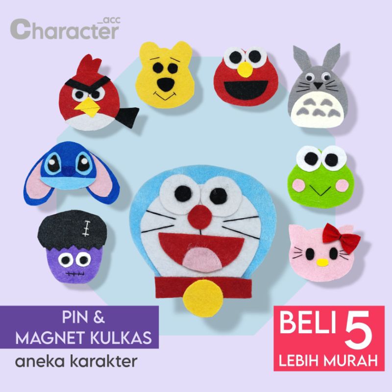 Refrigerator magnets & pins of various cartoon characters, flannel ...