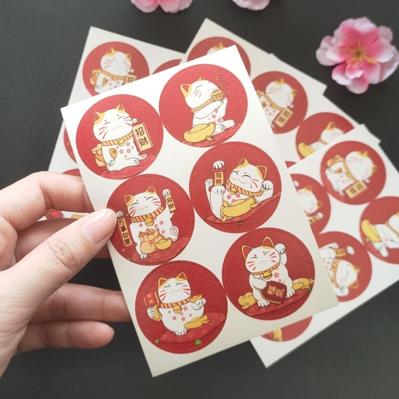Cny Lunar Chinese New Year Sincia Lucky Cat Small Round Sticker ...
