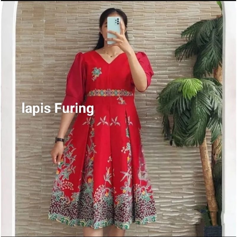 MERAH Red Batik Dress Women's Office Uniform Jumbo Outer Formal ...