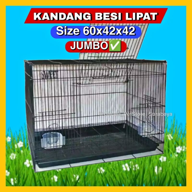 Gpss- JUMBO Folding Iron Cage 60x42x42 Sturdy Thick Bird Cage Cat Dog ...