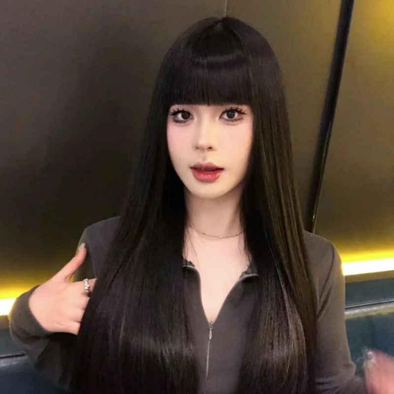 HITAM Women's Wig Long Straight Hair With Bangs Long Hair 60cm Natural ...