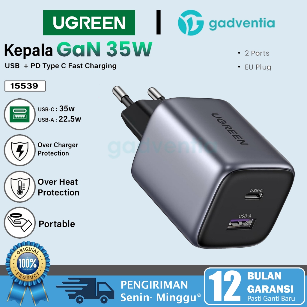 Ugreen GaN Charger Head Dual Port USB A & USB Type C Fast Charging ...